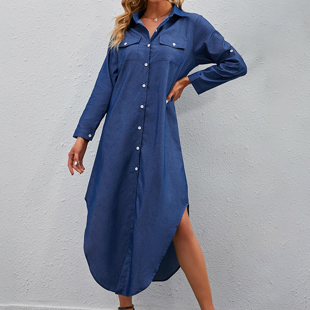 Denim Long Sleeve Solid Color Button Up Dress – Sai Feel
