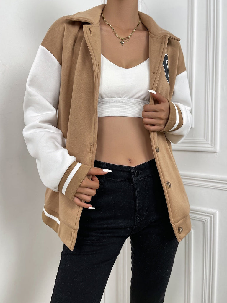 Letter Graphic Striped Trim Drop Shoulder Jacket