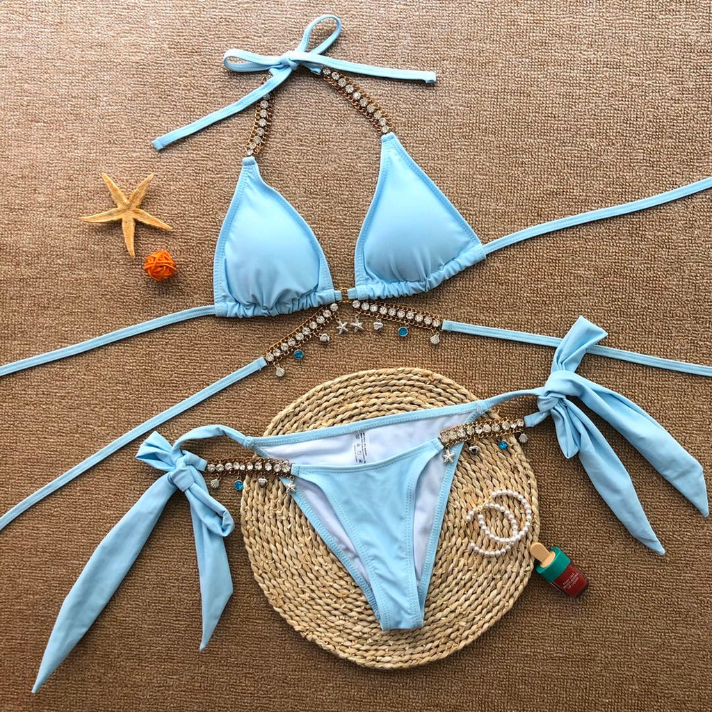 Women's Sexy Triangle Bathing Two Pieces Halter Crystal Diamond ...